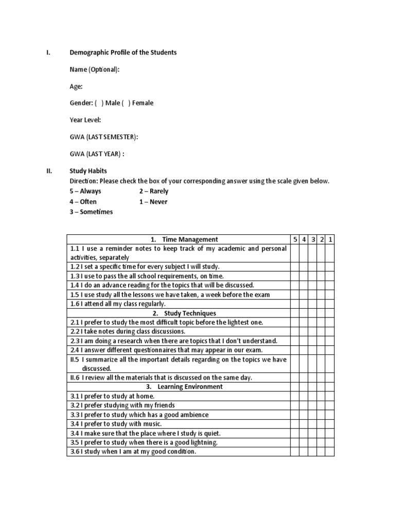 Student Study Habits Survey | PDF | Language Arts & Discipline | Career ...
