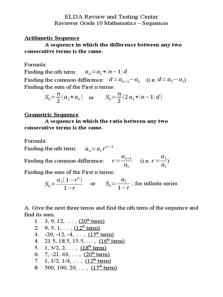 Grade 10 Exercise On Sequences | PDF