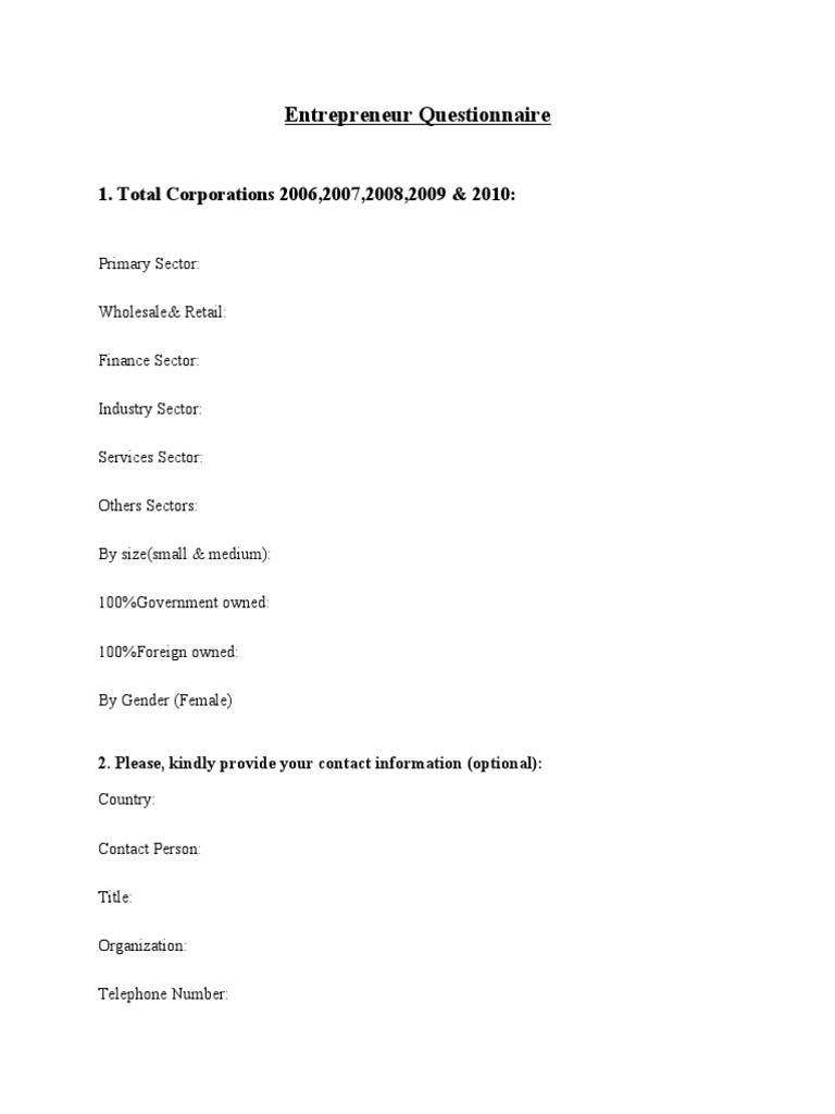 Entrepreneur Questionnaire: 1. Total Corporations 2006,2007,2008,2009 ...