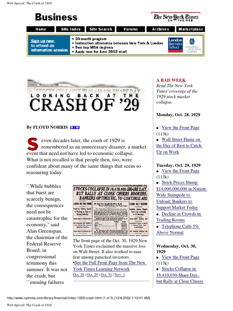 New York Times - Looking Back at The Crash of 1929 | PDF | Wall Street Crash Of 1929 | United ...