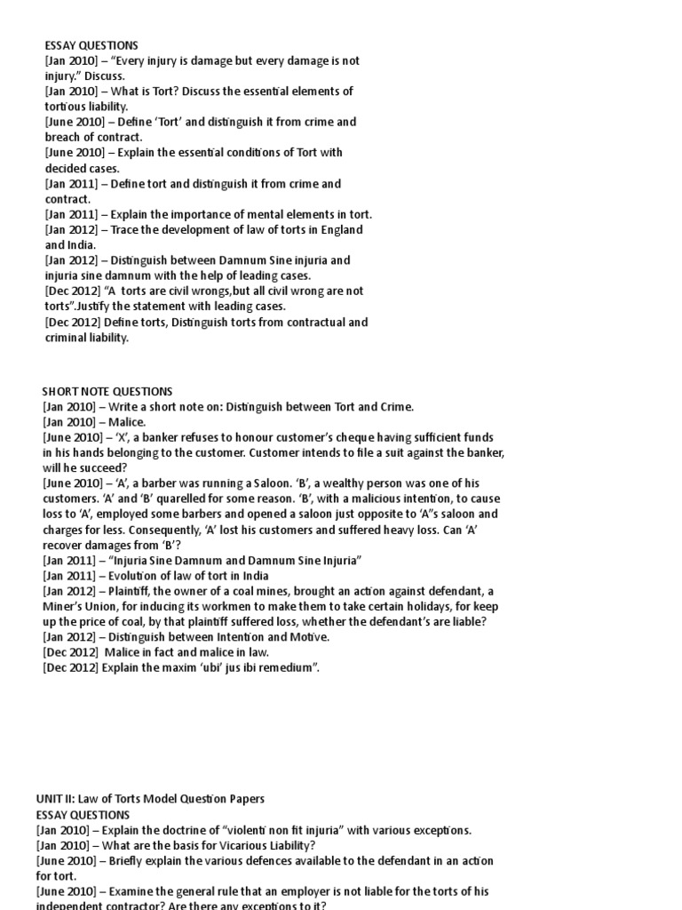 Key Questions on Law of Torts | PDF | Tort | Defamation
