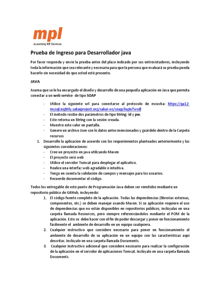 Prueba de Ingreso para Desarrollador Java PDF | PDF | Java (lenguaje de programación) | Red mundial