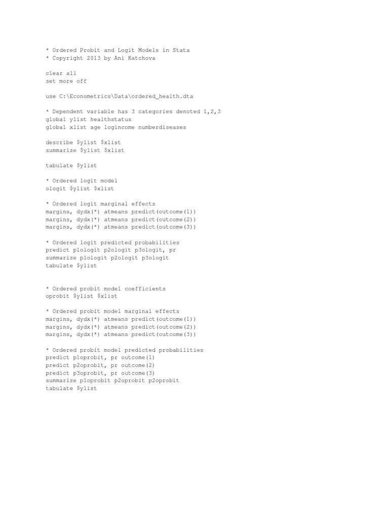 Ordered Probit and Logit Models Stata Program and Output PDF | PDF | Logistic Regression ...