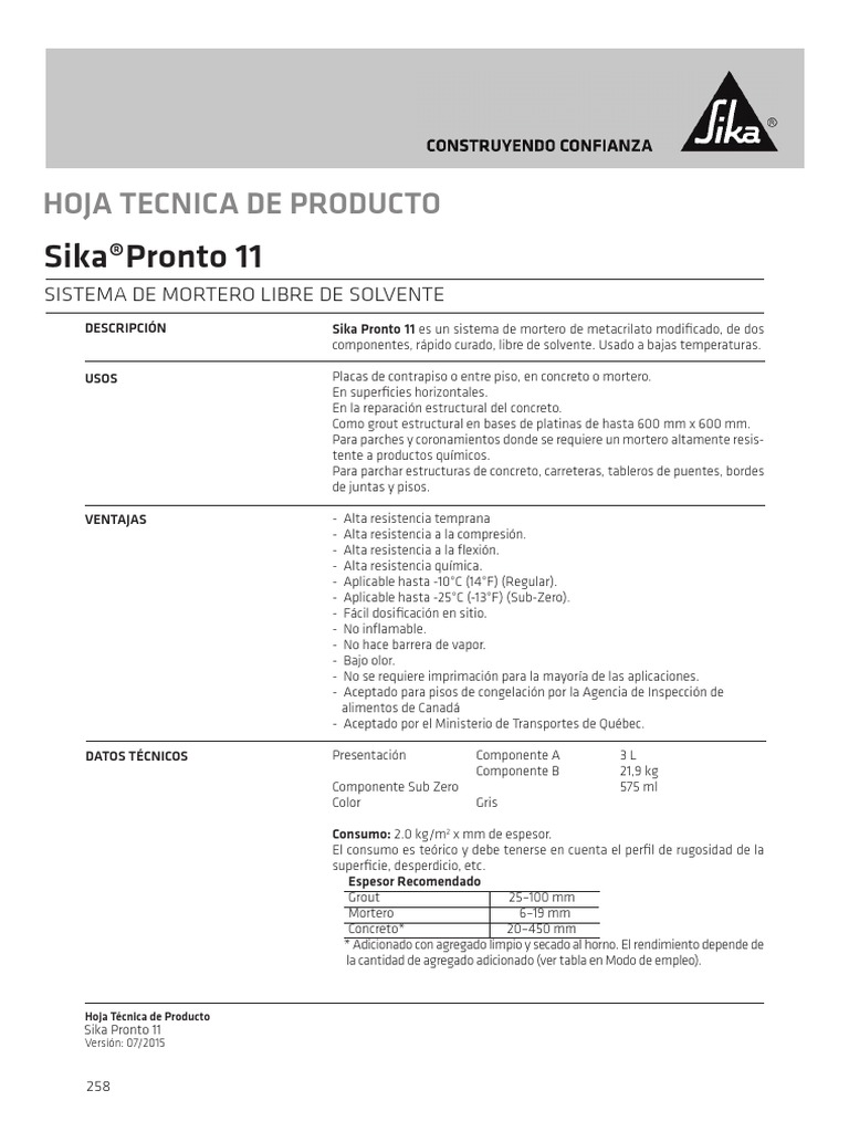 Ficha Técnica Sika Pronto 11 | PDF | Hormigón | Perforar