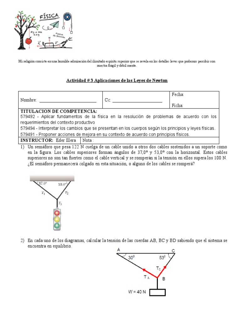 Actividad # 3 Aplicaciones de Las Leyes de Newton | PDF | Tensión ...