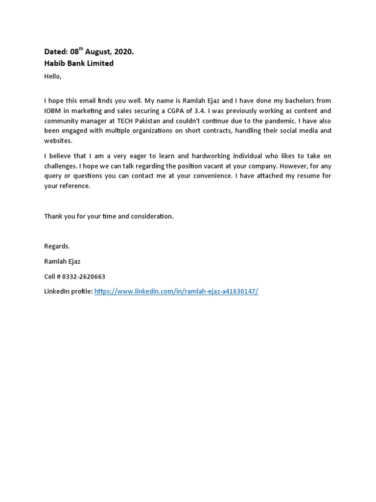 Cover Letter (Ramlah Ejaz) | PDF | Career & Growth | Business