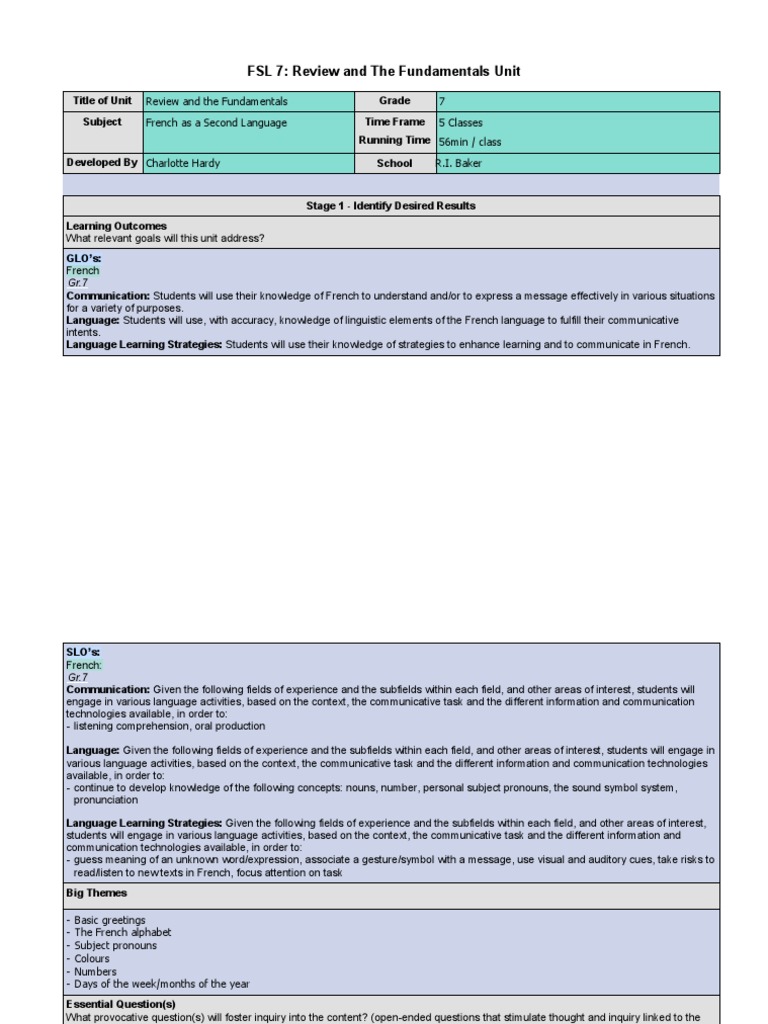 Unit Plan 1 - FSL 7 | PDF | Educational Assessment | Reading Comprehension