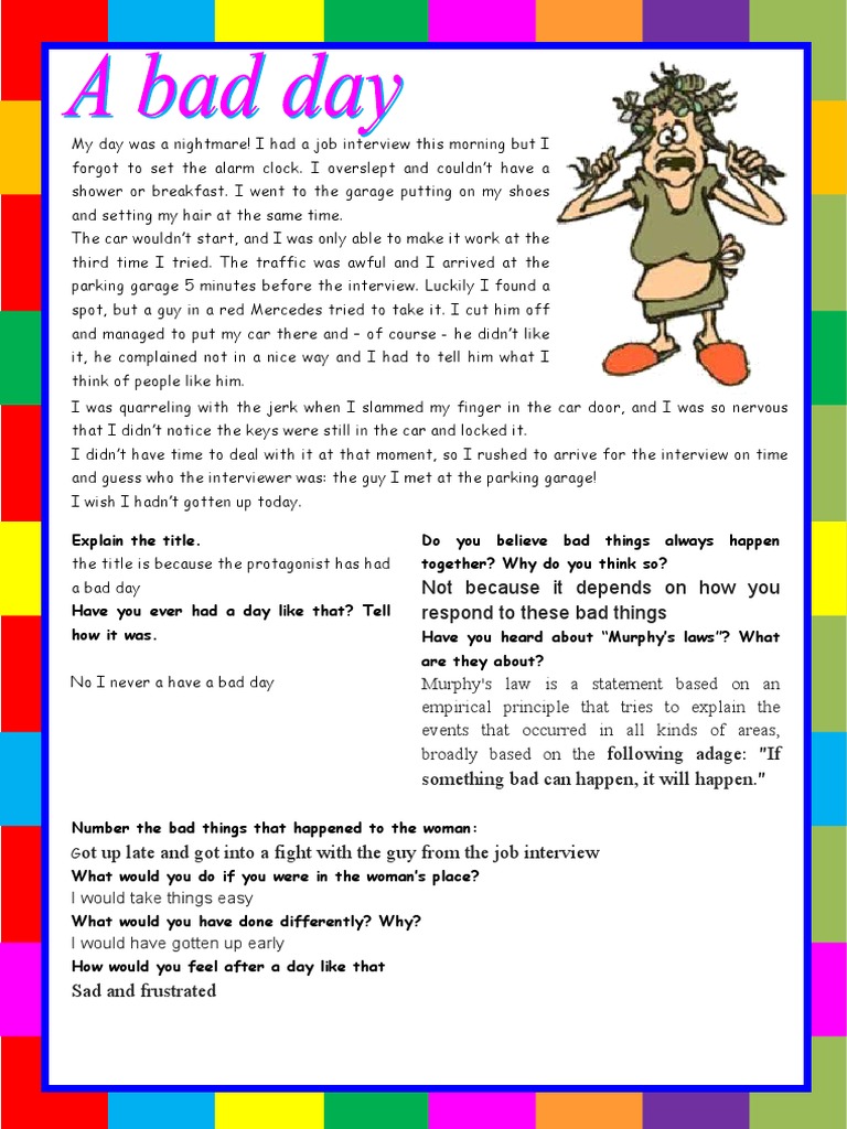 A Bad Day Reading Comprehension Writing Conversati Fun Activities Games ...