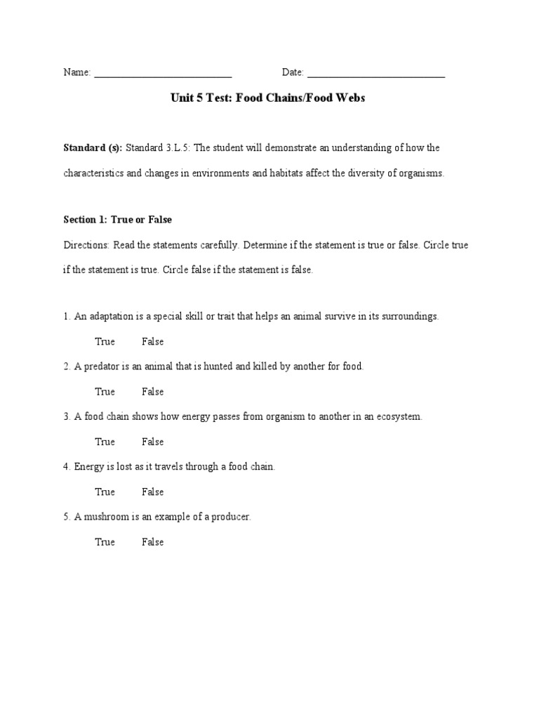 Food Chains and Webs Unit Test | PDF | Food Web | Predation