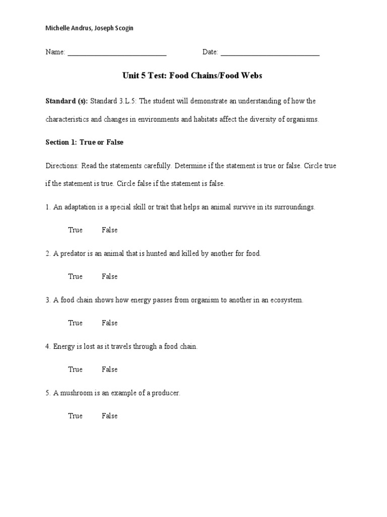 Food Chains and Food Webs Quiz | PDF | Food Web | Predation