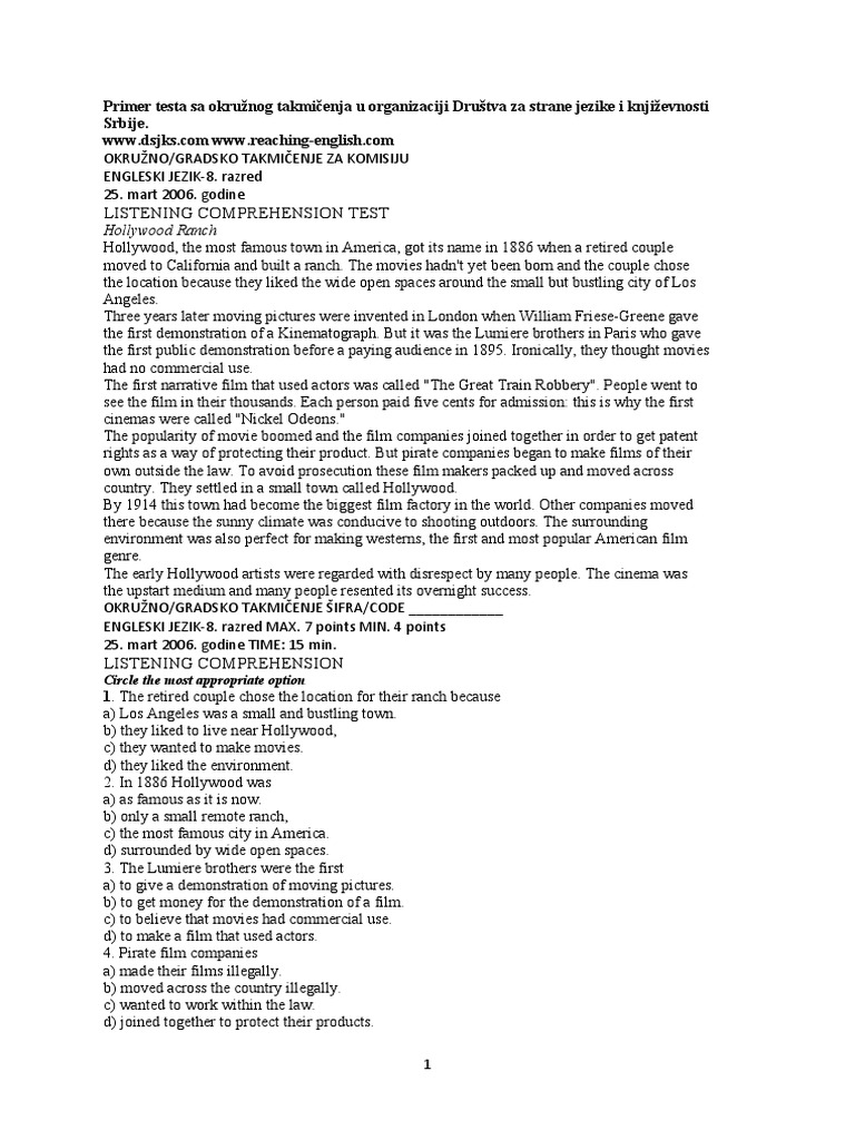 Listening Comprehension Test: Hollywood Ranch | PDF | Waiting Staff | Verb