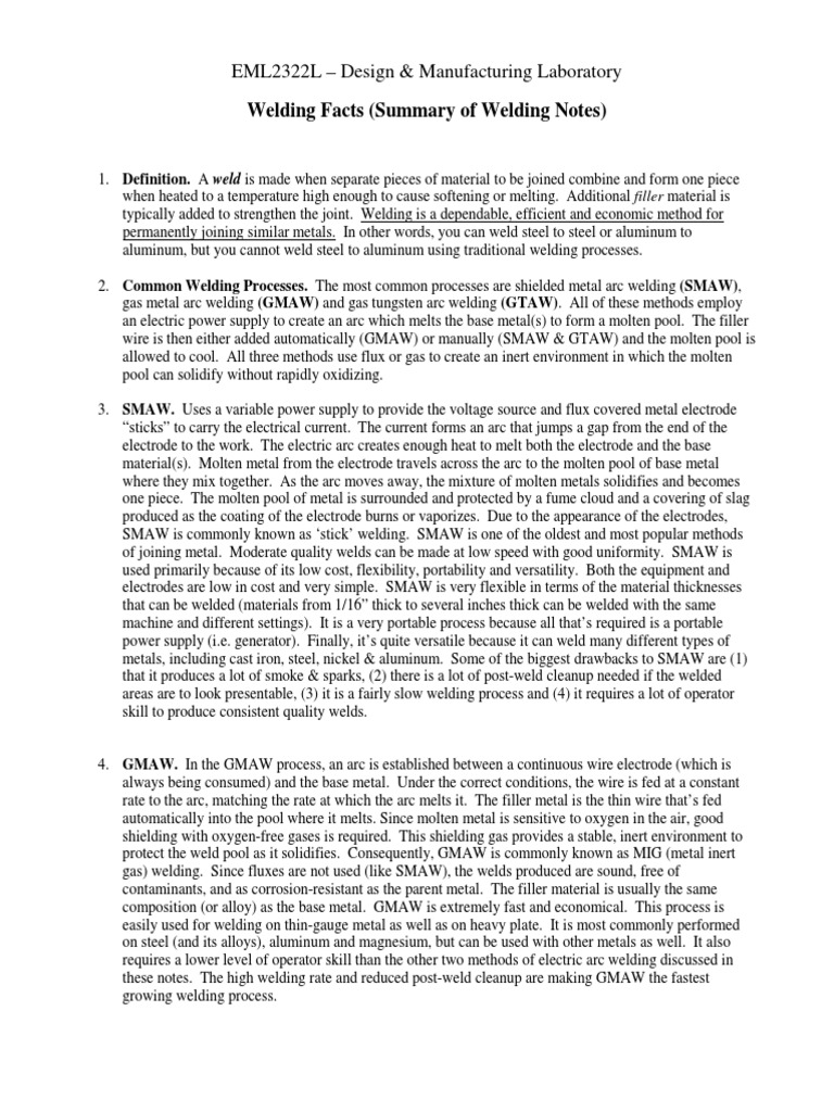 Welding Facts (Summary of Welding Notes) : EML2322L - Design ...
