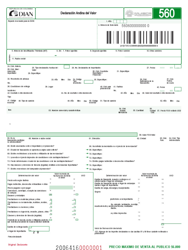 Formulario Declaracion Andina Del Valor | PDF | Derecho privado | Derecho empresarial