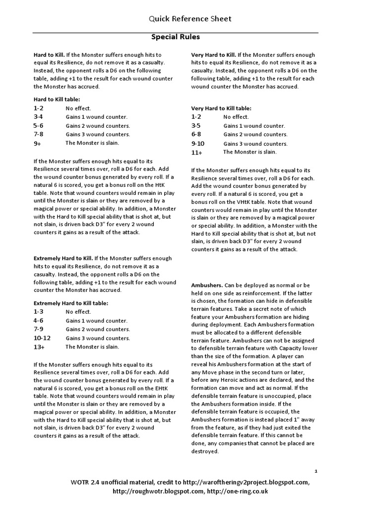Wotr Quick Reference Sheet 2.4 | PDF | Infantry | Wars & Military