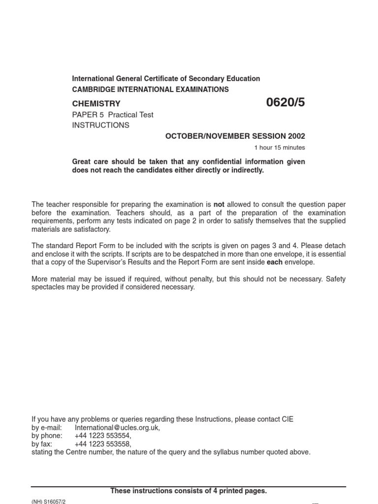 Chemistry: PAPER 5 Practical Test Instructions | PDF | Iodine | Potassium