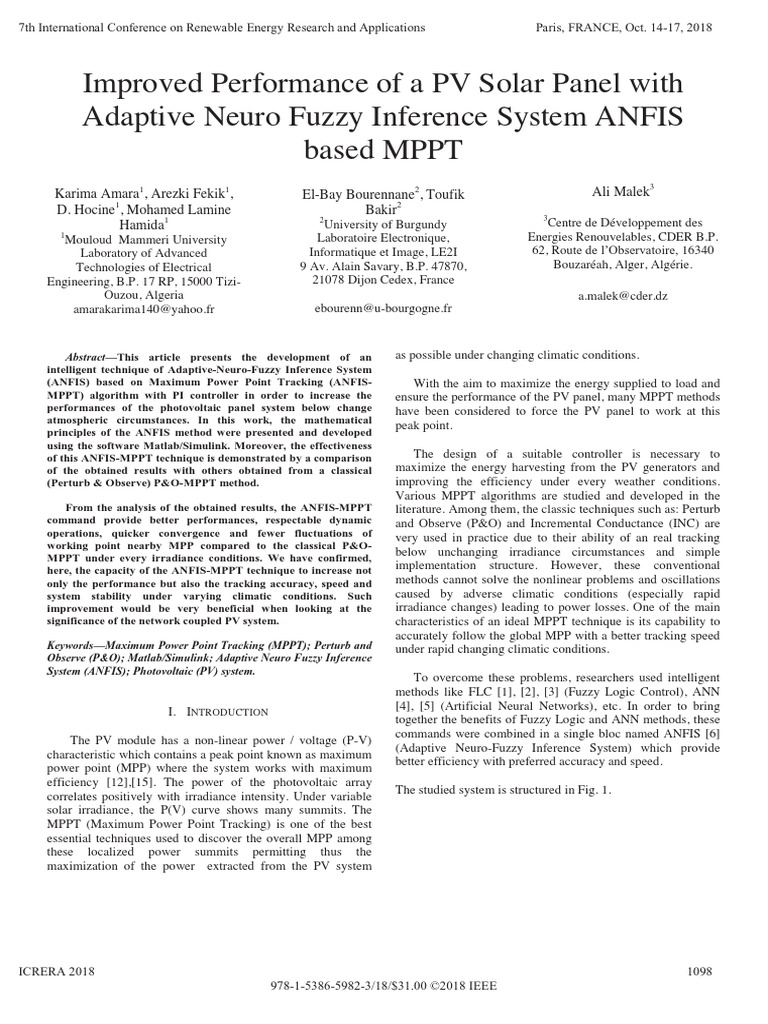 Improved Performance Of A Pv Solar Panel With Adaptive Neuro Fuzzy Inference System Anfis Based