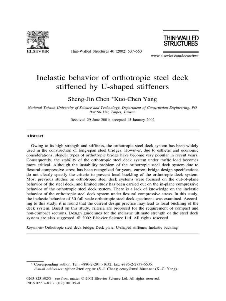 Inelastic Behavior of Orthotropic Steel Deck Stiffened by U-Shaped Stiffeners | PDF | Strength ...