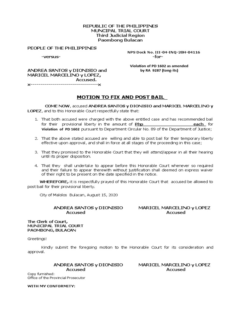 MOTION TO FIX BAIL - Docx NEW NEW | PDF | Bail | Public Sphere