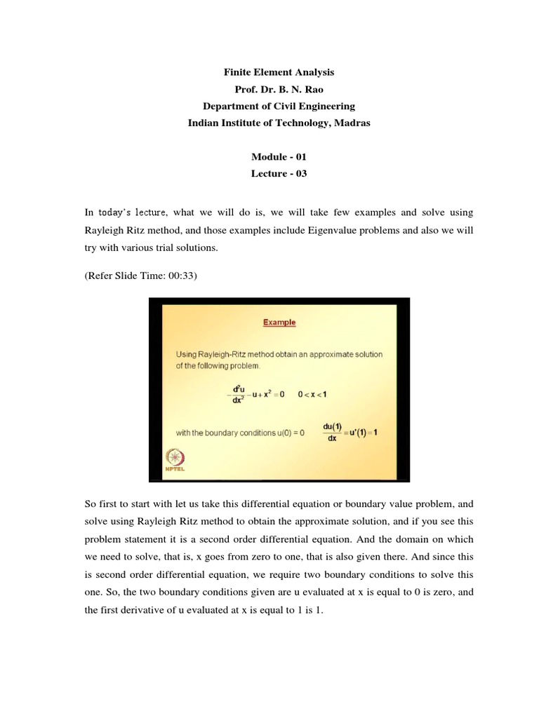 NPTEL FEM Lec3 | PDF | Calculus Of Variations | Eigenvalues And Eigenvectors