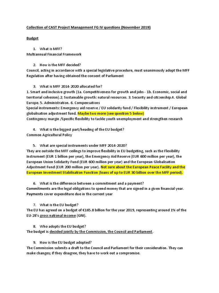 Collection of CAST Project Management FG IV Questions (December 2019 ...