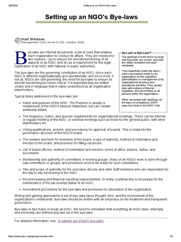 Setting Up An NGO's Bye-Laws | PDF | By Law | Non Governmental Organization