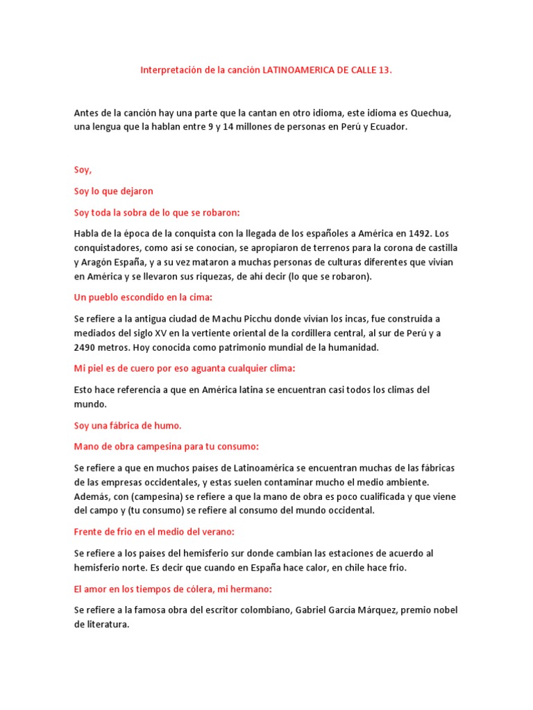 Interpretación de La Canción LATINOAMERICA DE CALLE 13 | PDF ...