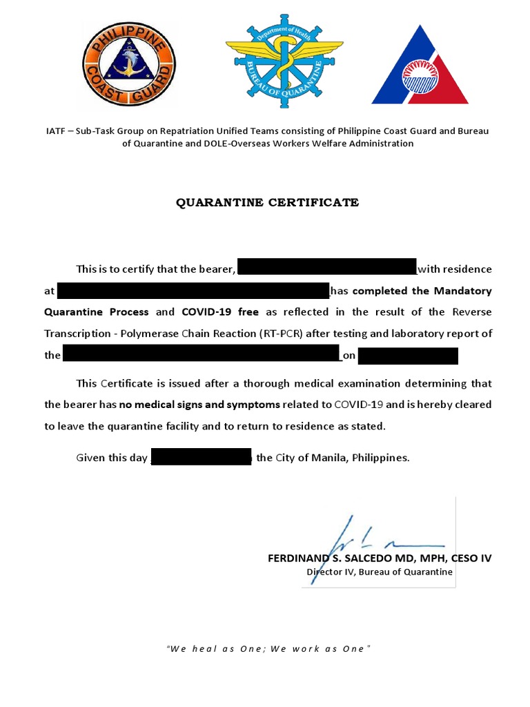 Quarantine Certificate: 6 Balete ST., Makati City, Manila, Philippines ...