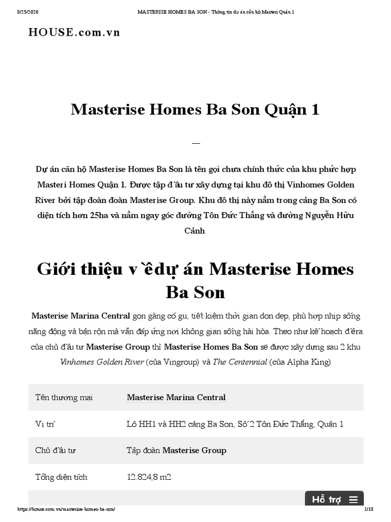 MASTERISE HOMES BA SON - Thông Tin Dự Án Căn Hộ Masteri Quận 1 | PDF