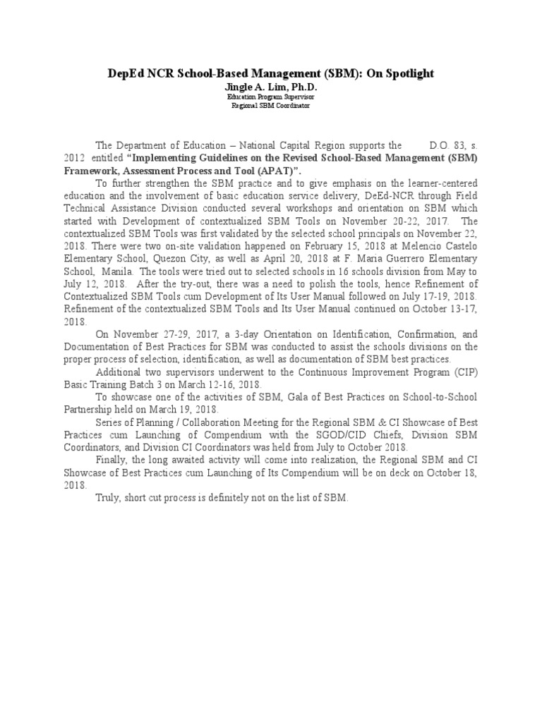 DepEd NCR SBM Implementation Overview | PDF | Business