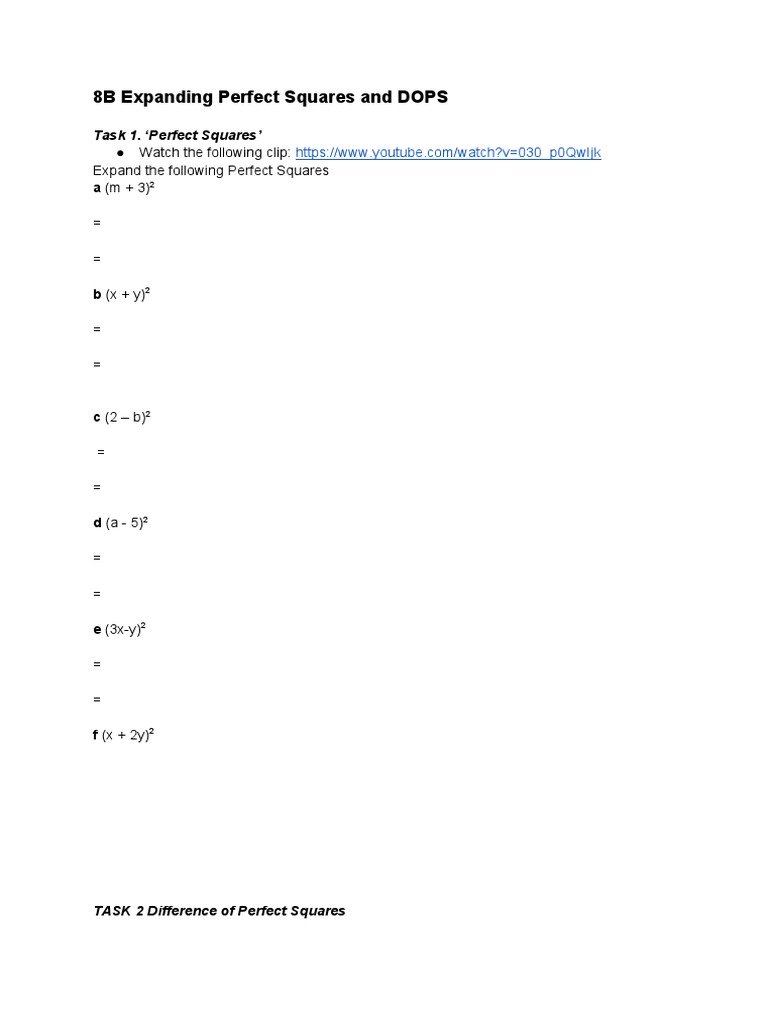 Expanding Perfect Squares and DOPS | PDF | Teaching Methods & Materials