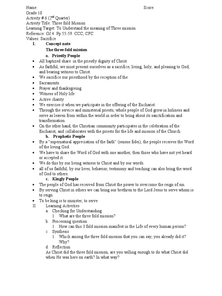 I. Concept Note The Three Fold Mission A. Priestly People | PDF