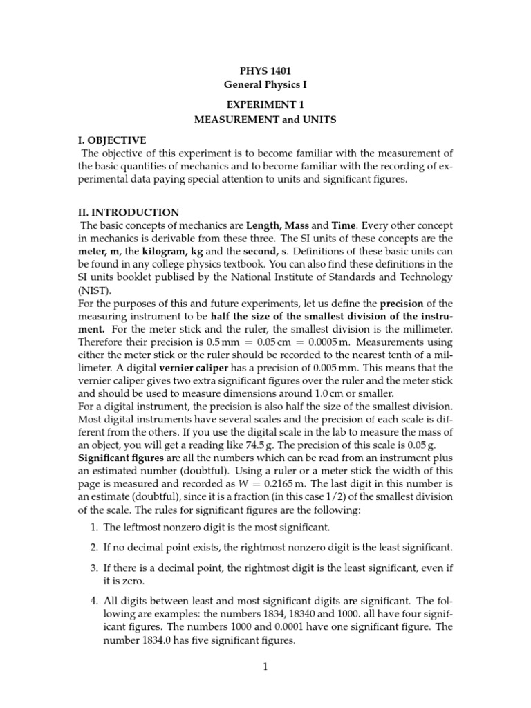 PHYS 1401 General Physics I Experiment 1 Measurement and Units I ...