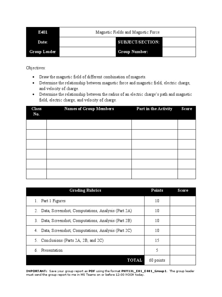 E401 Date: Subject/Section: Group Leader Group Number | PDF | Magnetic ...