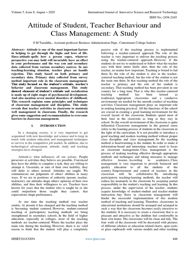 Attitude of Student, Teacher Behaviour and Class Management A Study ...