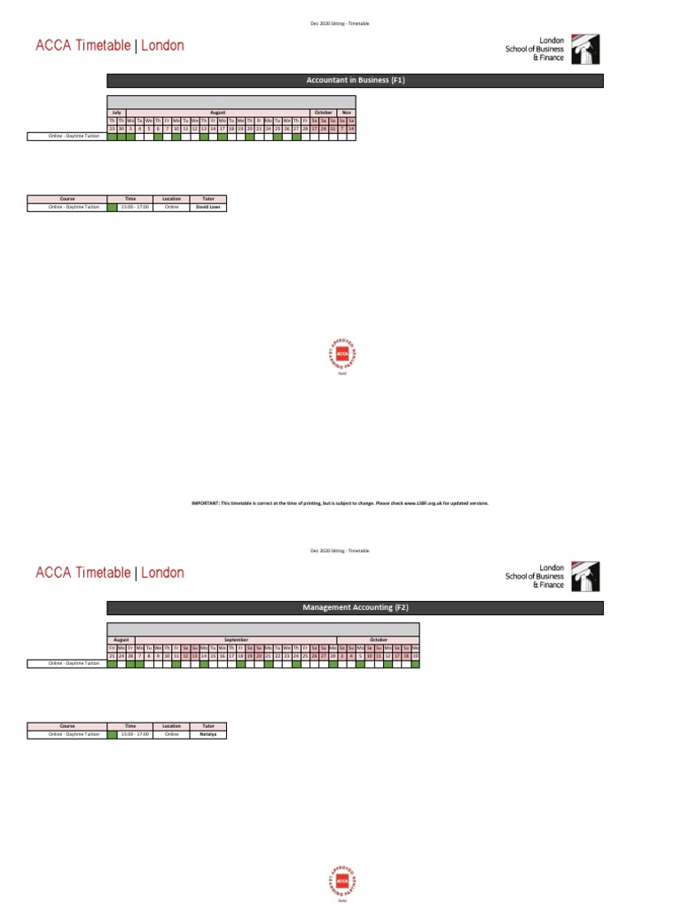 ACCA Timetable London: Accountant in Business (F1) | PDF | Accounting ...
