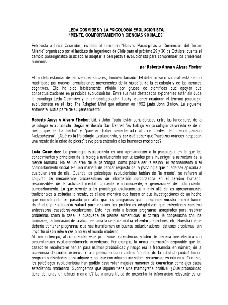Araya, R y Fischer, A. (Entrevista) Leda Cosmides y La Psicologia ...