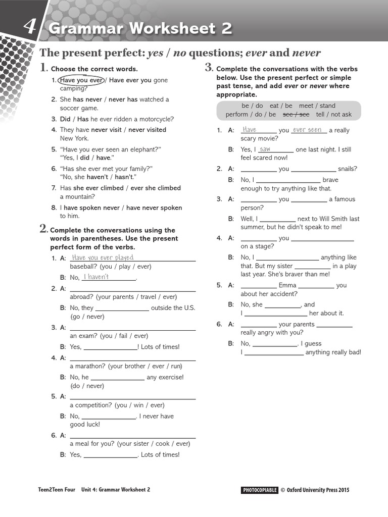 Grammar Worksheet 2: The Present Perfect: Yes / No Questions Ever and ...