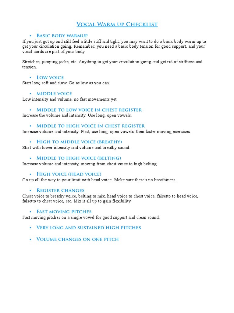 Vocal Warm Up Checklist | PDF