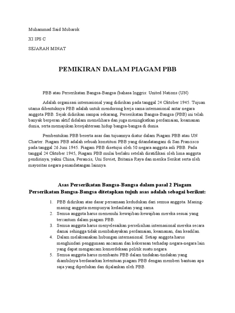Pemikiran Dalam Piagam PBB - Muhammad Said Mubarok - XI IPS C | PDF