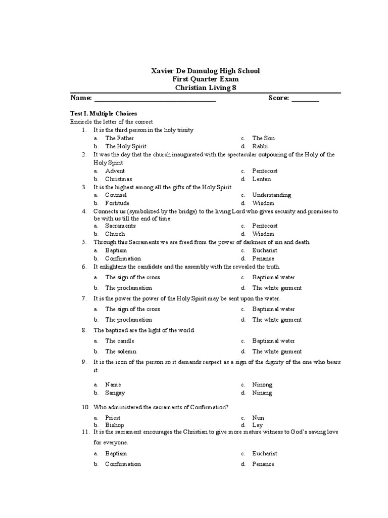 First Exam Christian Living 8 | PDF | Confirmation | Eucharist