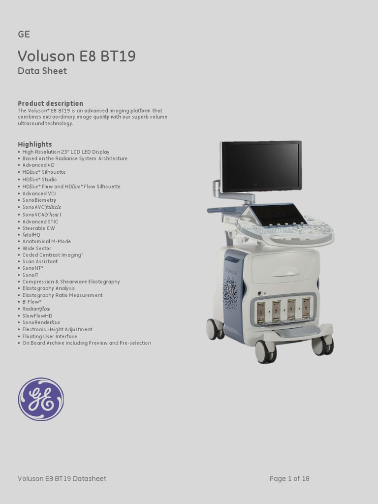 Voluson E8 BT19 - Datasheet - DOC2154319 - Rev1 | PDF | Medical Ultrasound | Data Compression