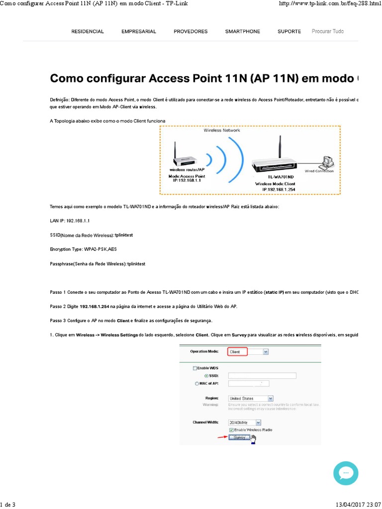 Como configurar um Access Point TP-Link TL-WA701ND no modo cliente para se conectar a uma rede ...