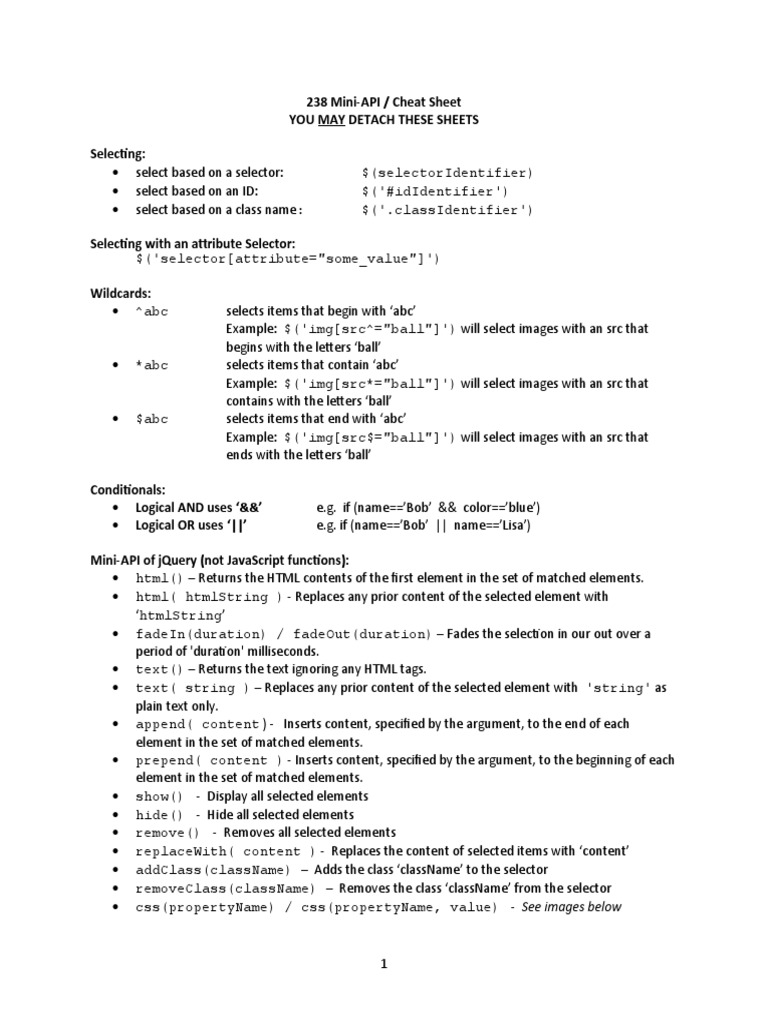 238 Mini-API / Cheat Sheet You May Detach These Sheets Selecting | PDF ...