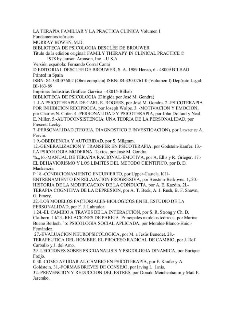 La Terapia Familiar y La Practica Clinica Volumen I Bowen Murray | PDF