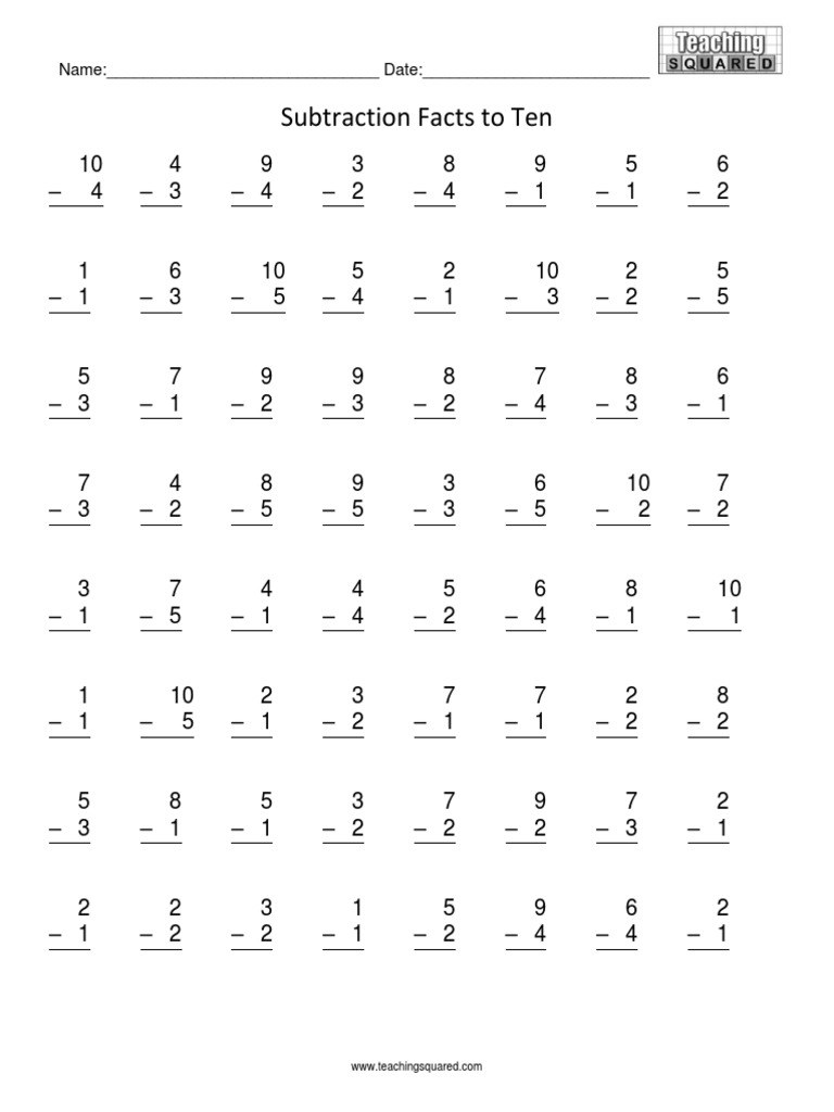 Subtraction Facts To Ten: Name: - Date | PDF | Teaching Methods & Materials