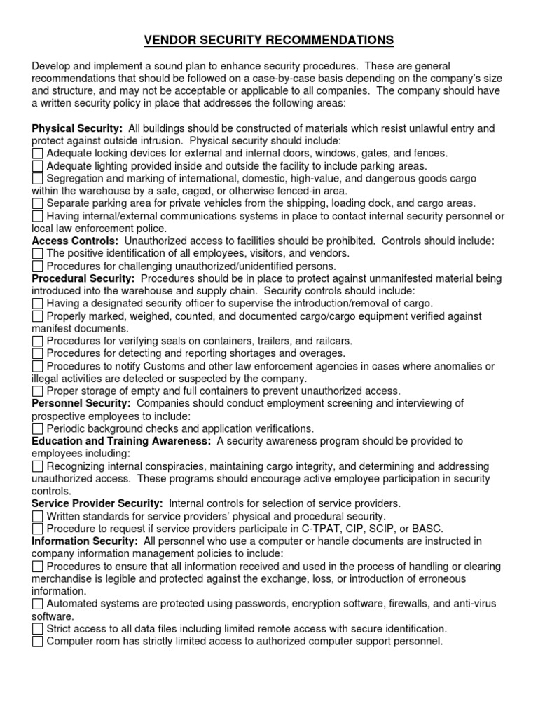 Vendor Security Recommendations | PDF | Access Control | Physical Security
