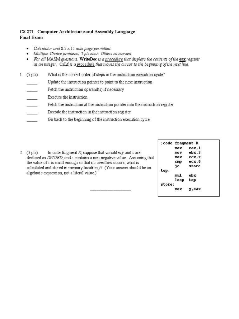 CS 271 Computer Architecture and Assembly Language Final Exam | Download Free PDF | Parallel ...