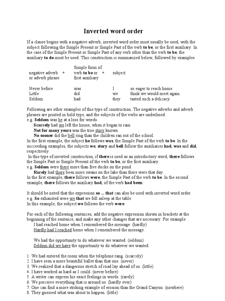 Inverted Word Order IMPOTANT!!!!! | PDF | Subject (Grammar) | Verb