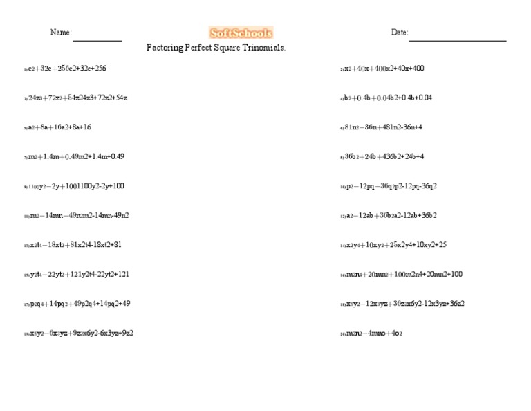 Perfect Square Trinomials Practice | PDF
