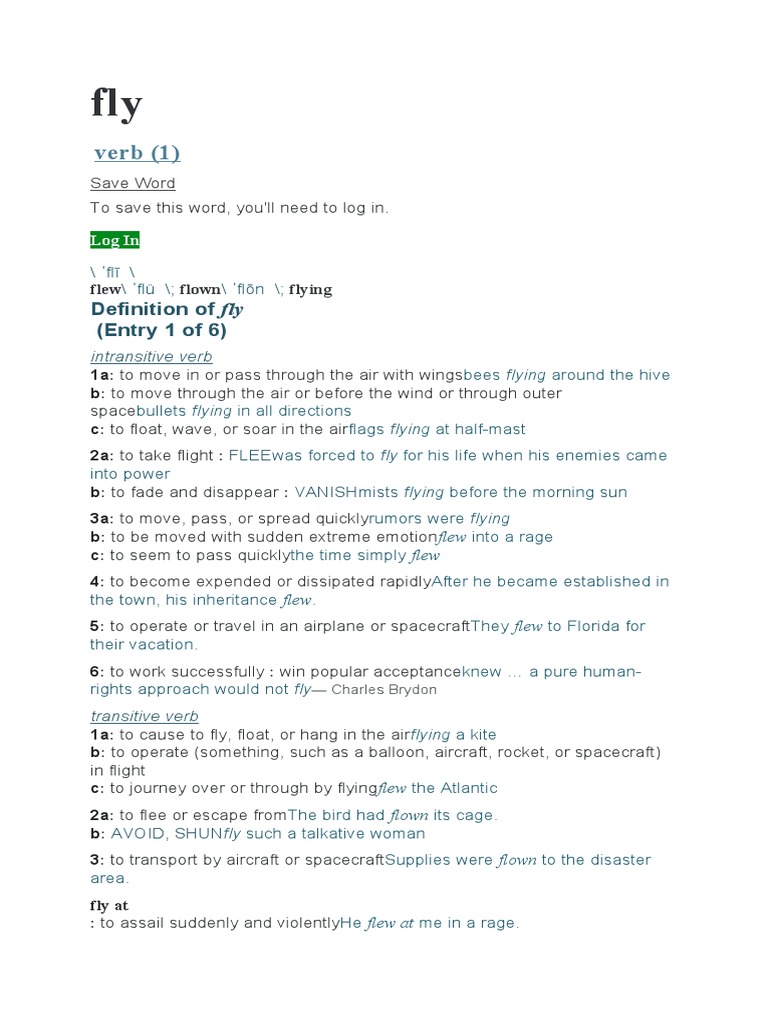 Verb (1) : Definition of Fly (Entry 1 of 6) | PDF